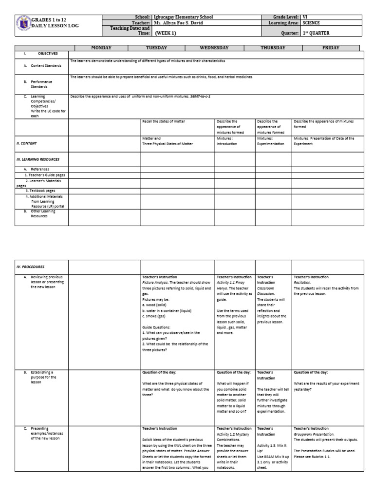 DLL - Science 6 - Q1 - W1 | PDF | Teachers | Learning