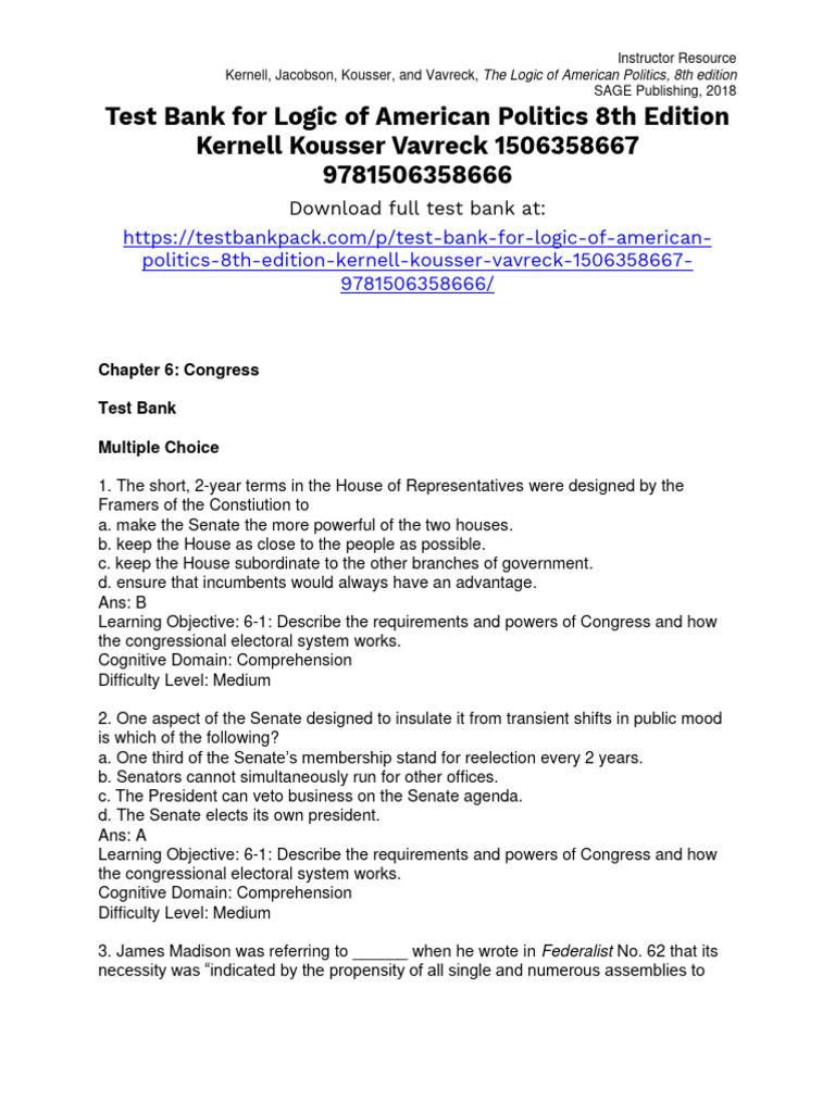 Logic of American Politics 8th Edition Kernell Test Bank 1 | PDF ...