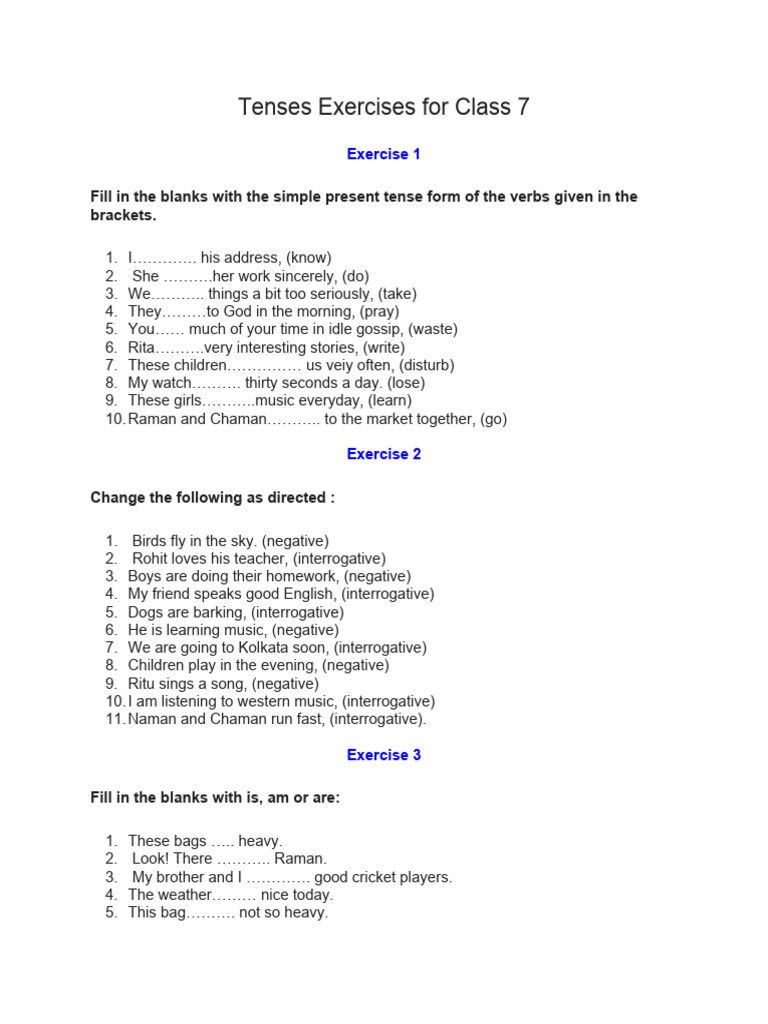 Tenses Exercises For Class 7 | PDF | Teaching Methods & Materials ...