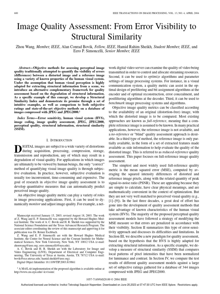 Image Quality Assessment From Error Visibility To Structural Similarity | PDF | Contrast (Vision ...