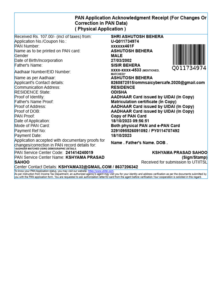 PAN Application Acknowledgment Receipt (For Changes or Correction in ...