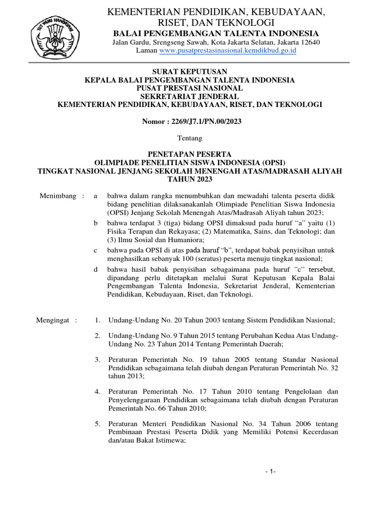 SK Penetapan Peserta Opsi Sma Tingkat Nasional PDF | PDF