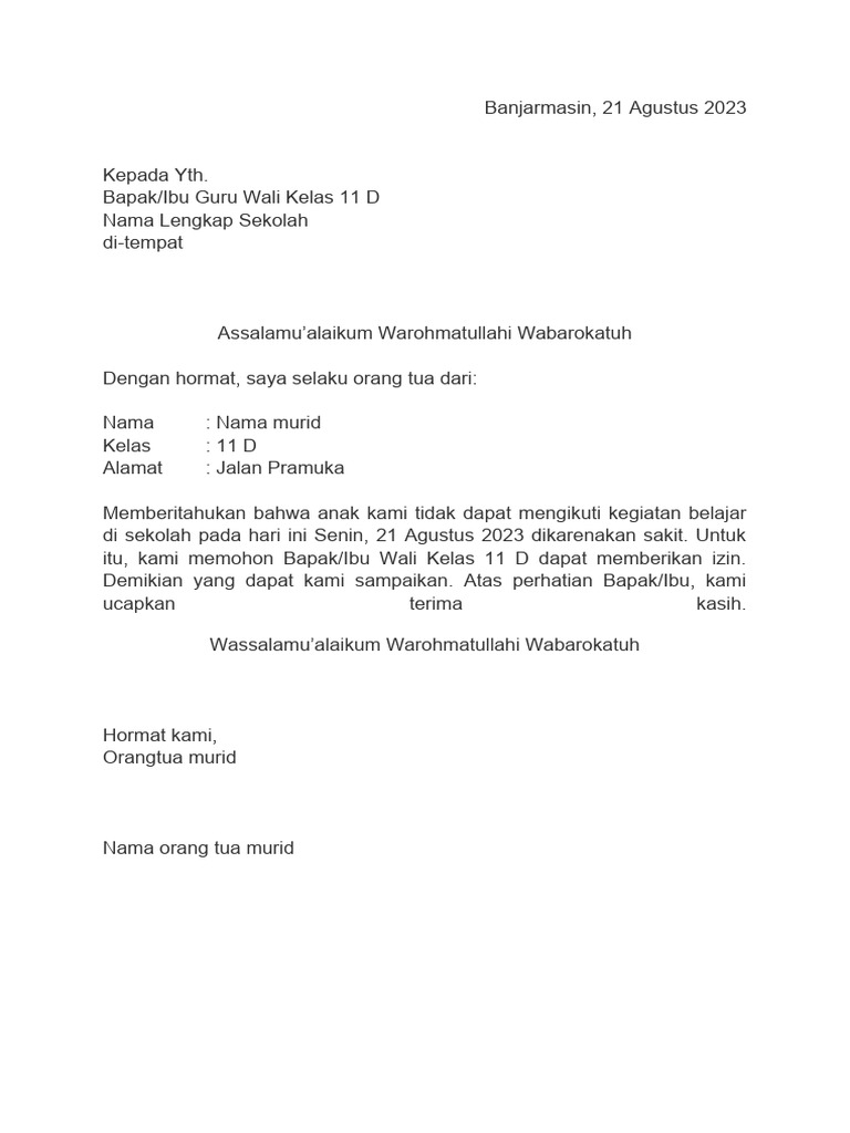 Contoh Surat Izin Sekolah | PDF