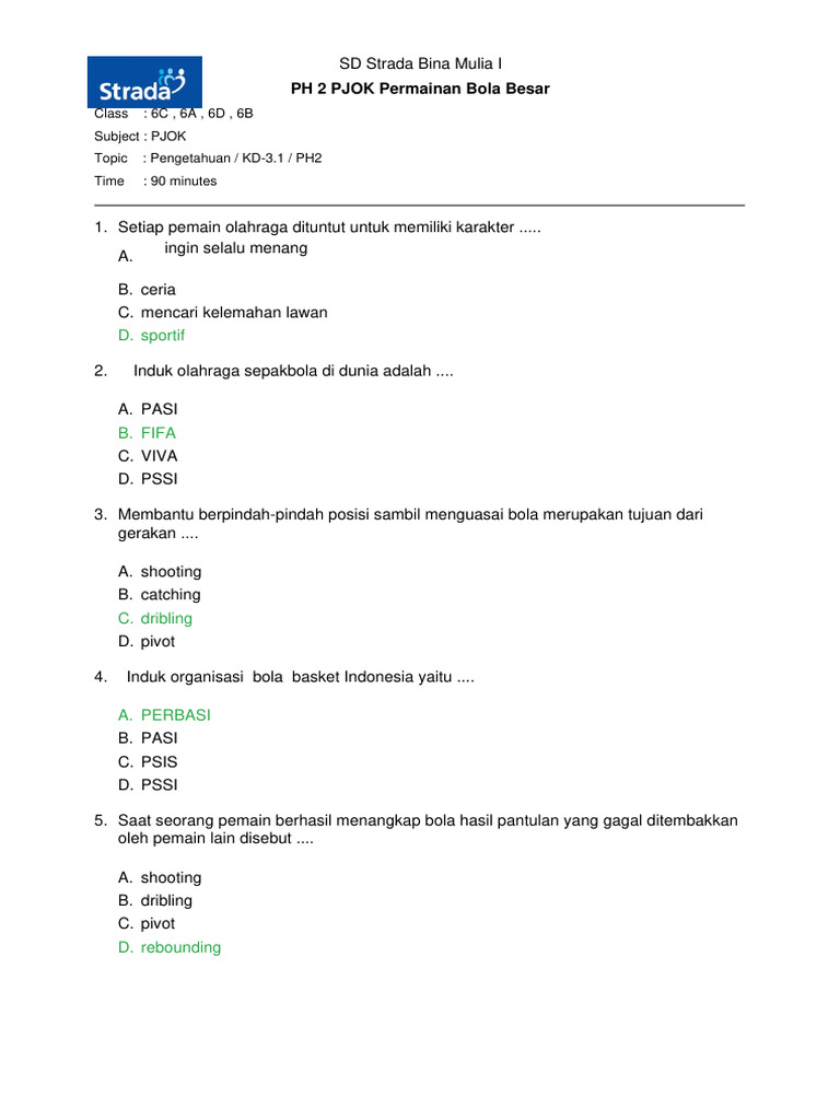 PJOK - PH 2 PJOK Permainan Bola Besar - Question + Answer + Student | PDF