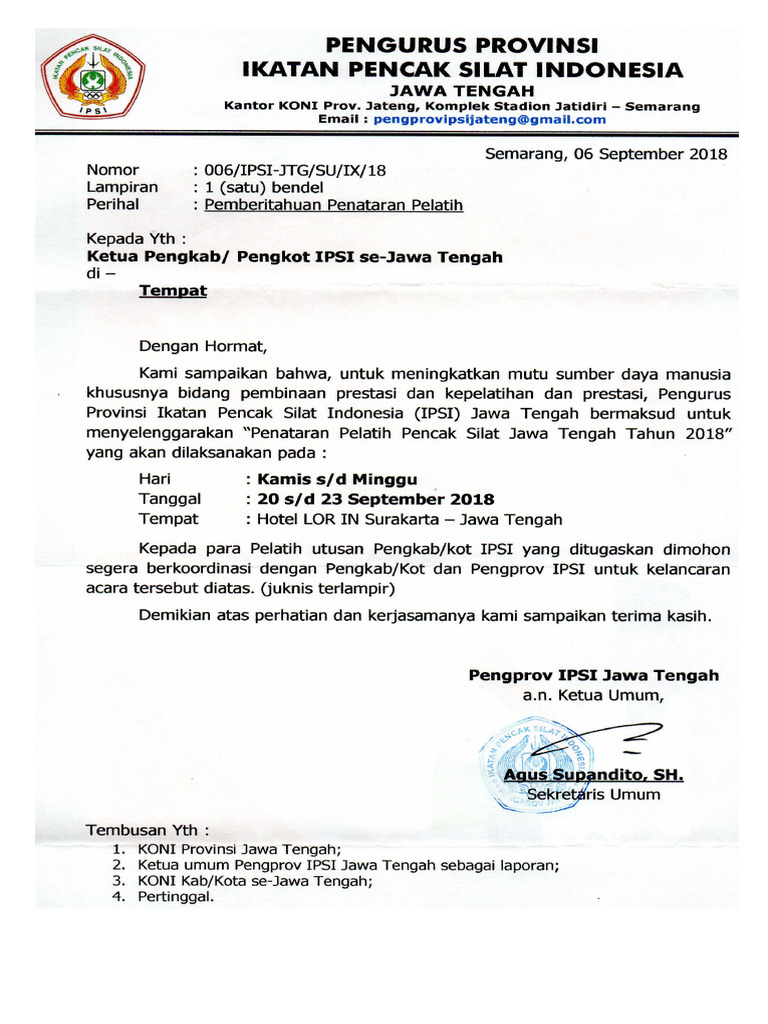 Surat Edaran Pengprov TTG Penataran Pelatih Porprov | PDF