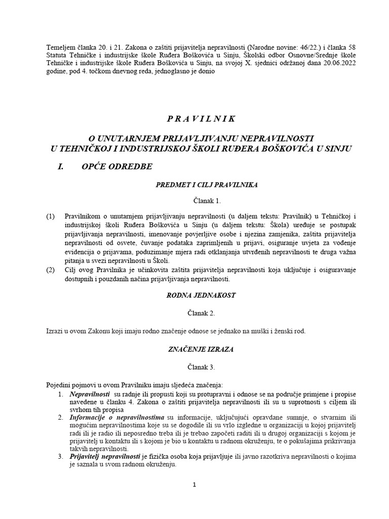 Pravilnik o Unutarnjem Prijavljivanju Nepravilnosti | PDF