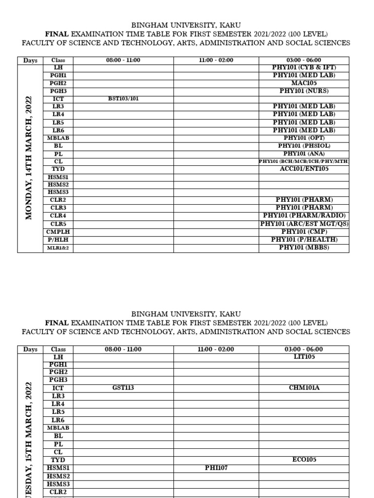 Bingham University 2021/2022 Exam Timetable | PDF