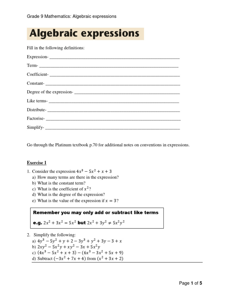 Mathematics Grade 9 To Complete Algebraic Expressions | PDF