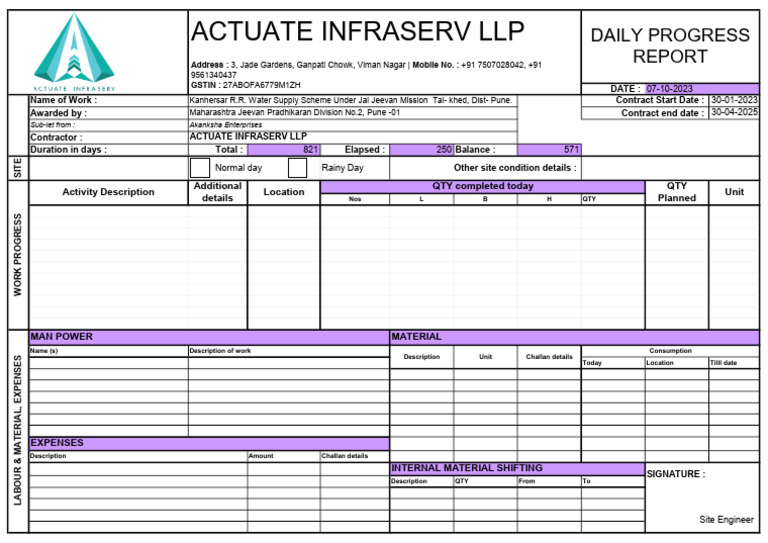 Site Engineer Daily Progress Report Template | PDF
