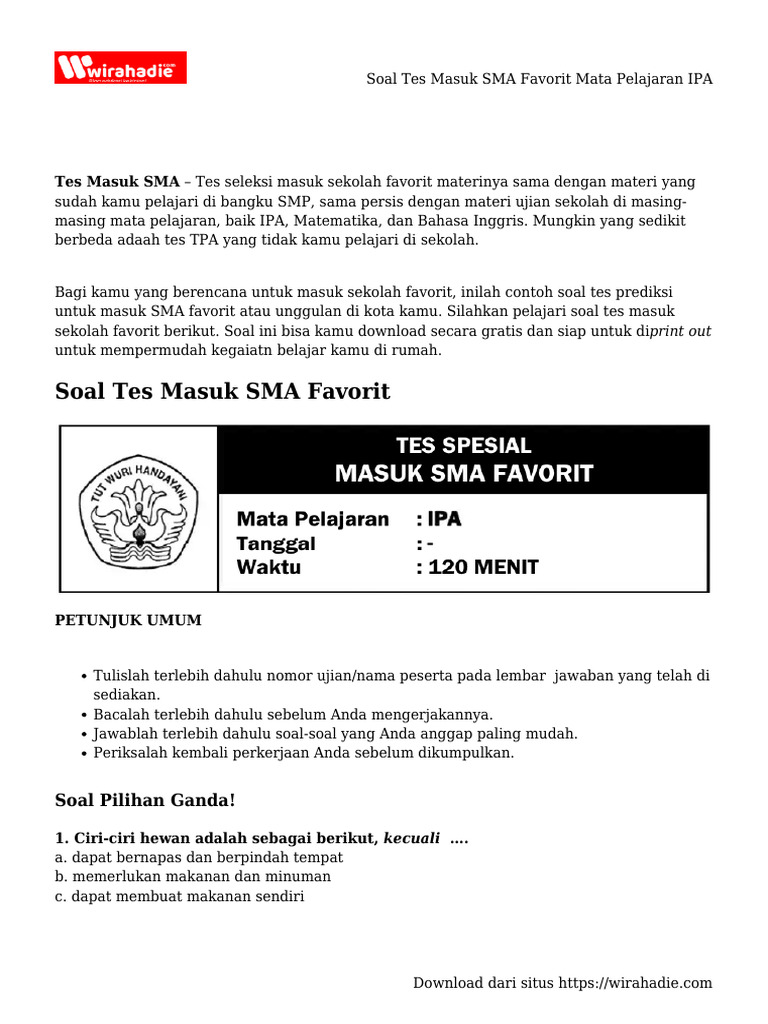 Soal Tes Masuk SMA Favorit Mata Pelajaran IPA | PDF Soal Tes Masuk SMA Favorit Mata Pelajaran IPA | PDF
