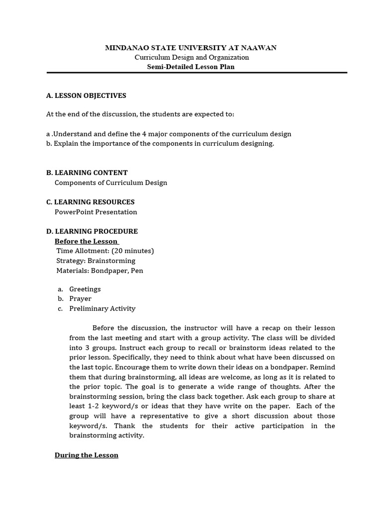Components of Curriculum Design Semi-Detailed Lesson Plan | PDF | Cognitive Science | Human ...