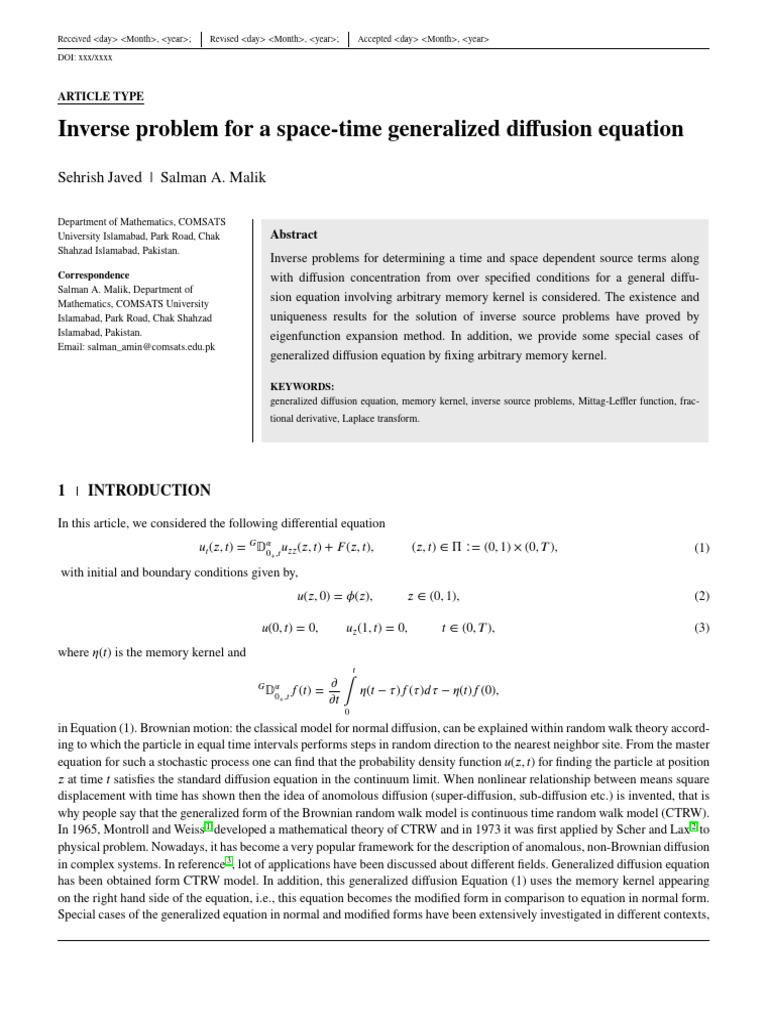 Inverse Problem For A Space Time Generalized Diffusion Equation Pdf