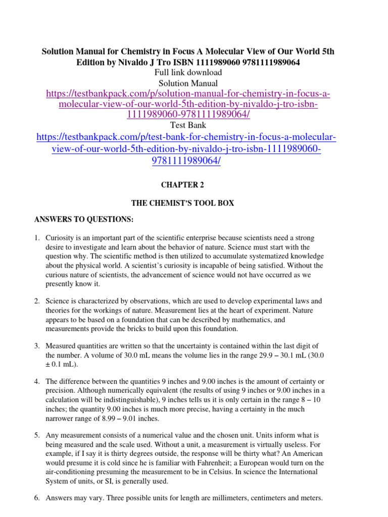 Solution Manual For Chemistry in Focus A Molecular View of Our World ...