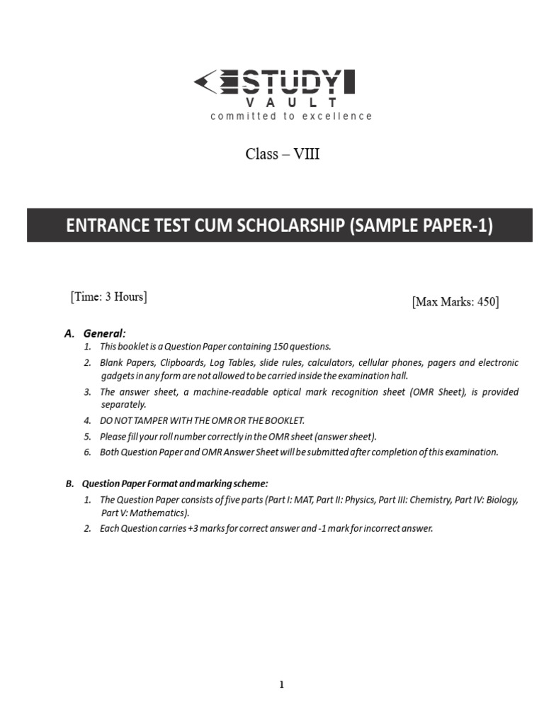 VIII To IX Entrance Test Sample Paper-1 | PDF | Waves | Sound