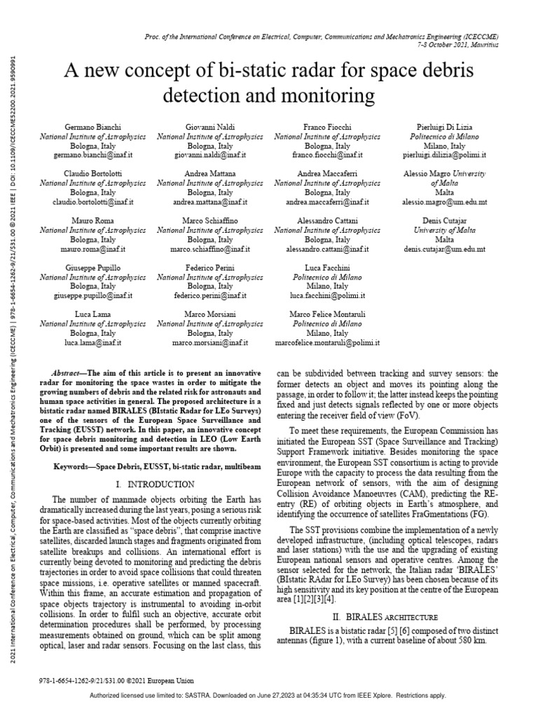 A New Concept of Bi-Static Radar For Space Debris Detection and ...