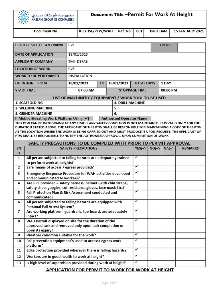 HGC Hse PTW Wah-001 | PDF | Working Conditions | Occupational Safety And Health