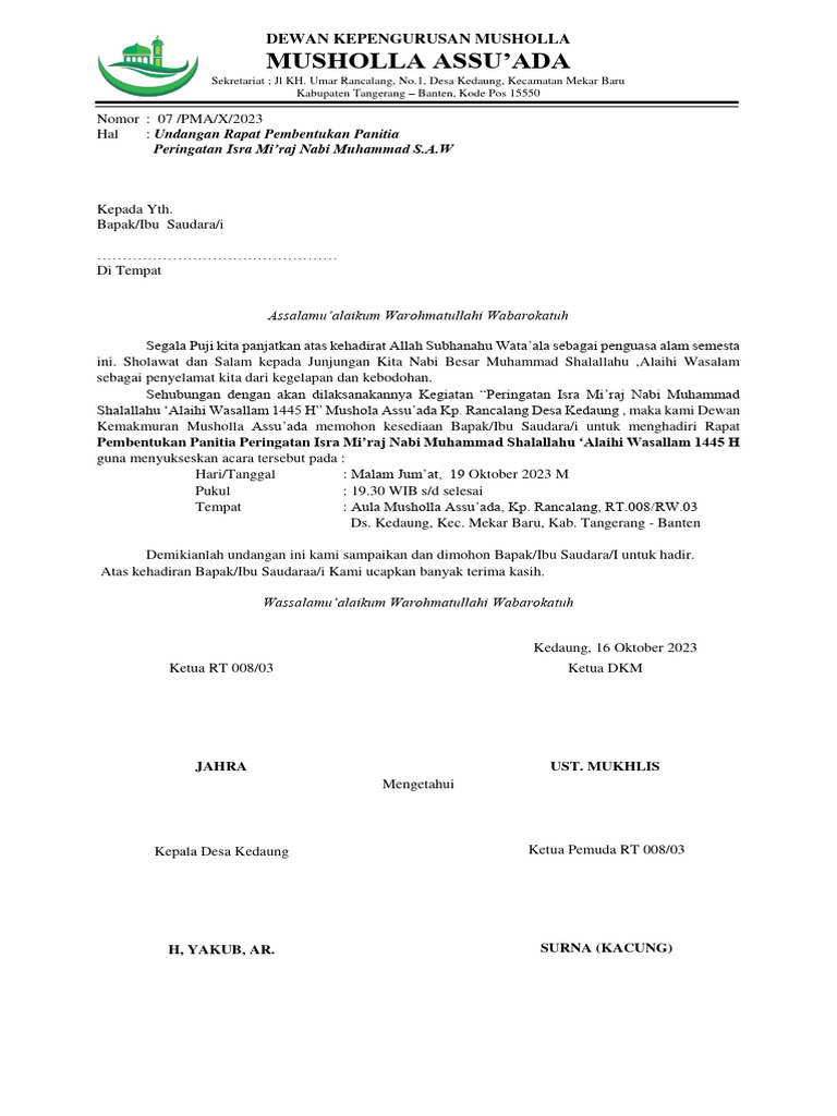 Undangan Pembentukan Panitia Phbi (Isra Mi'raj) | PDF | Agama ...