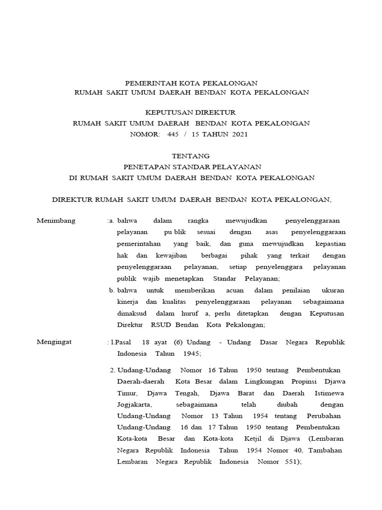 Standar Pelayanan RSUD Bendan Pekalongan | PDF