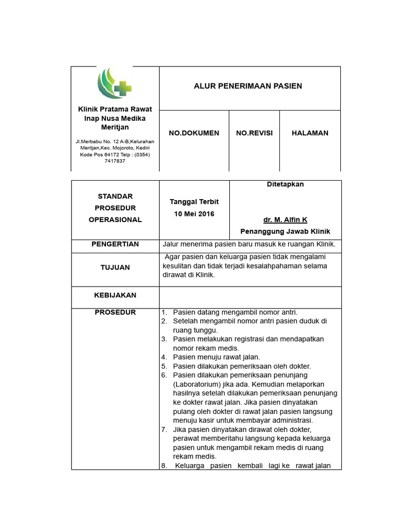 Sop Penerimaan Pasien | PDF