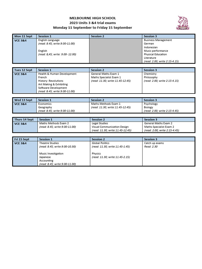 2023 VCE Trial Exam Timetable | PDF