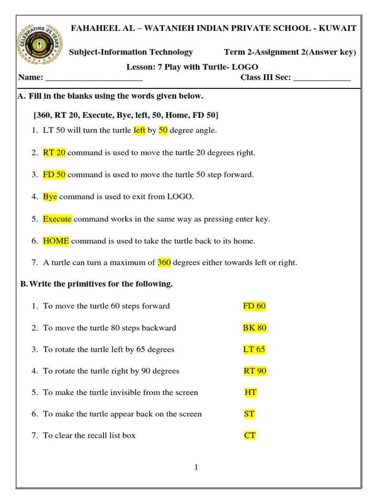 Class 3 Ls 7 Play With Turtle Logo Assignment 2 Answer Key Pdf