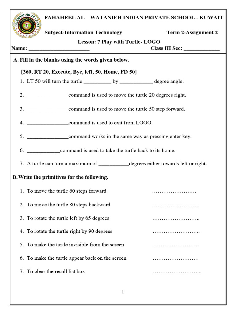 Class 3 LS 7 Play With Turtle - LOGO Assignment 2 | PDF | Computers
