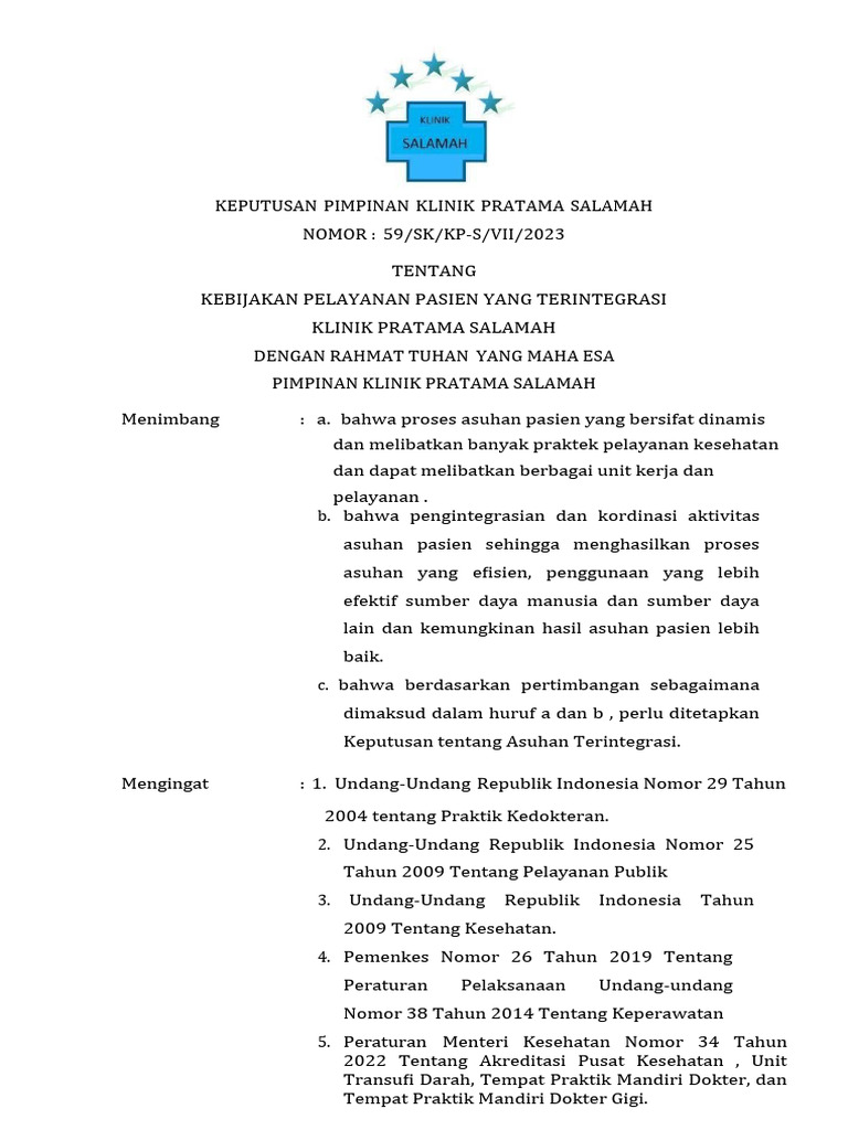 PKP 5 SK Kebijakan Pelayanan Pasien Yang Terintegrasi | PDF