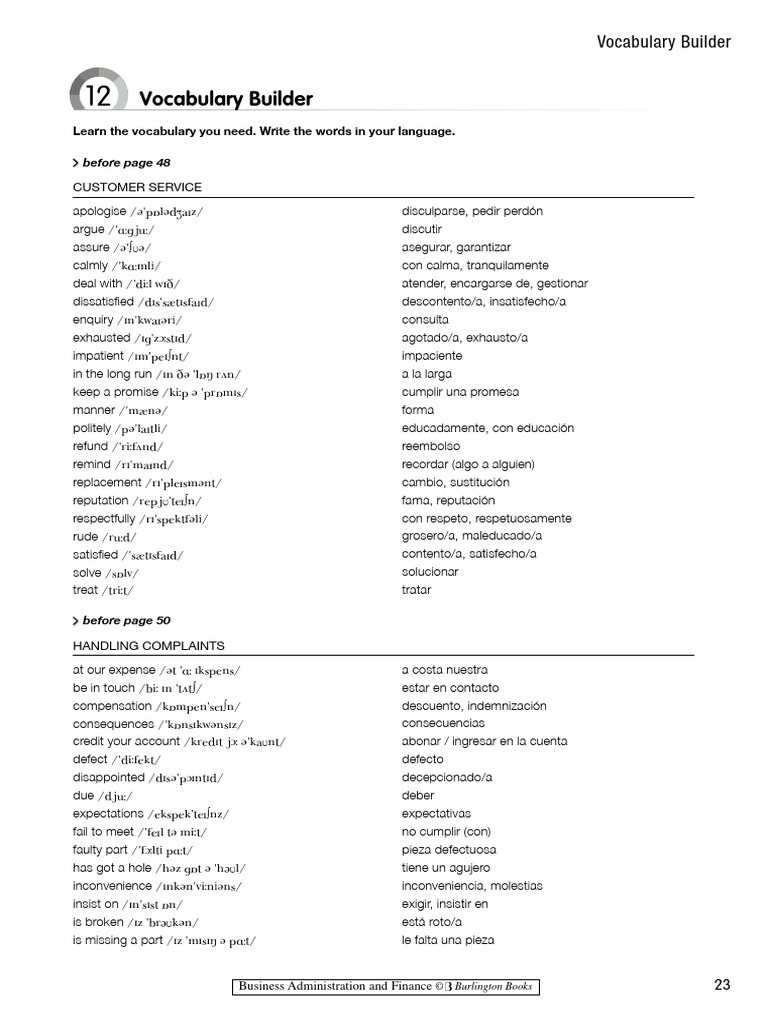 VOCABULARY BUILDER. BUSINESS ADMINISTRATION AND FINANCE-23-24 | PDF