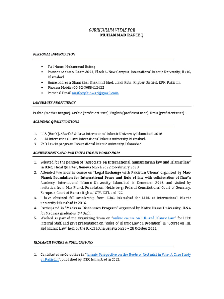 Rafiq Shinwari CV | PDF | Sharia | International Humanitarian Law