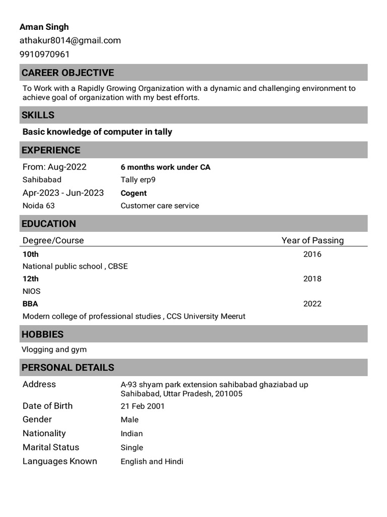 Resume Aman Singh Format2 Pdf