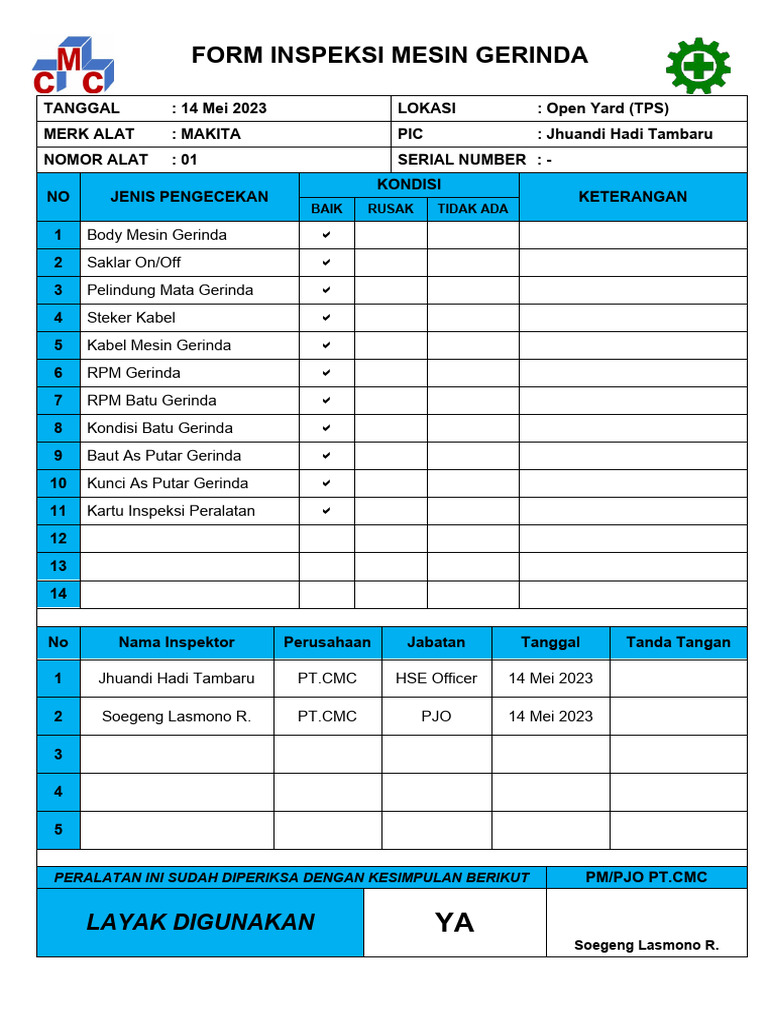 Form Inspeksi Mesin Gerinda | PDF