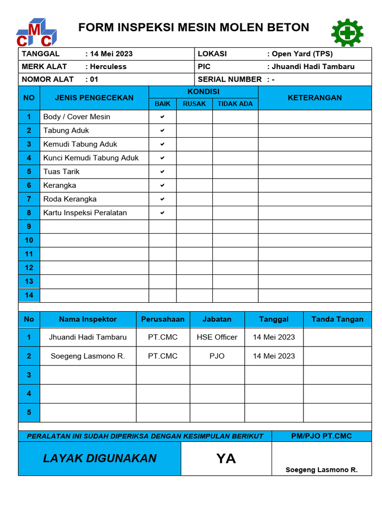 Form Inspeksi Mesin Molen Beton.. | PDF