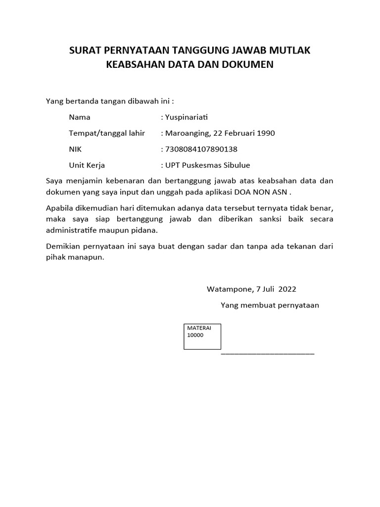 SURAT PERNYATAAN TANGGUNG JAWAB MUTLAK KEABSAHAN DATA DAN DOKUMEN | PDF