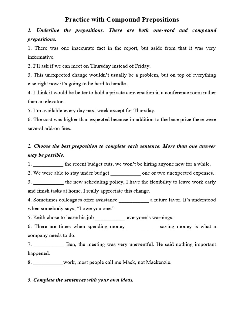 Compound Prepositions Practice Worksheet | PDF
