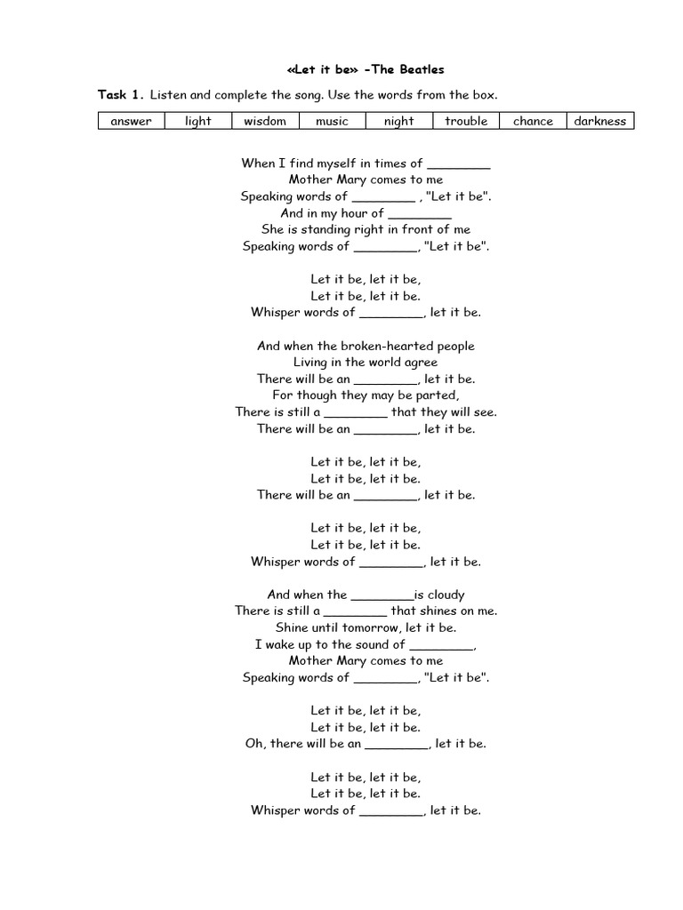 Song Let It Be The Beatles Activities With Music Songs Nursery Rhymes ...