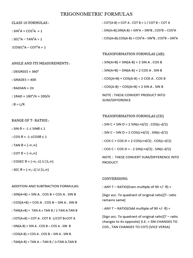 Trigonometric Formulas | Download Free PDF | Trigonometric Functions | Mathematics