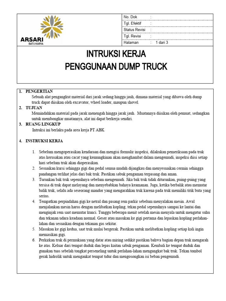 INSTRUKSI KERJA ALAT BERAT Dump Truck | PDF