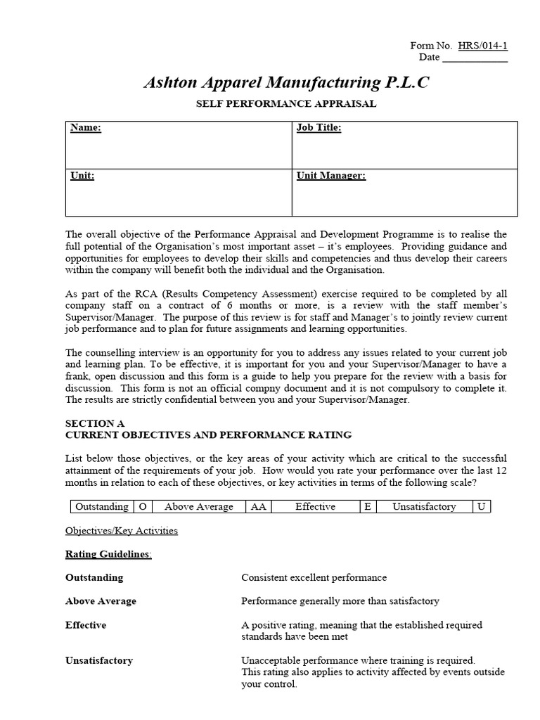 HRS014-1 Performance Apprisal-Self | PDF | Performance Appraisal ...