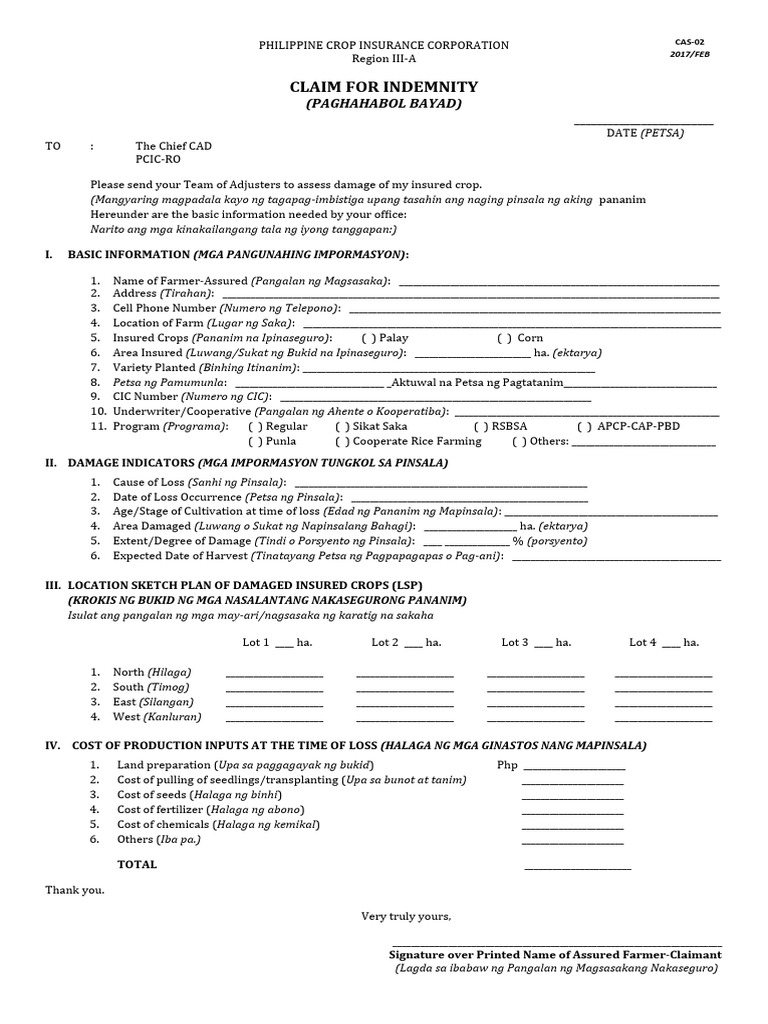 Claim For Indemnity New (Abiso NG Pinsala) | PDF