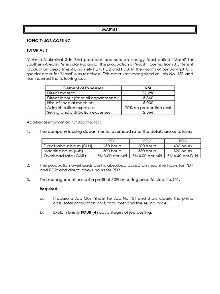 Topic 7 Job Costing Tutorial Q Pdf Cost Of Goods Sold Cost