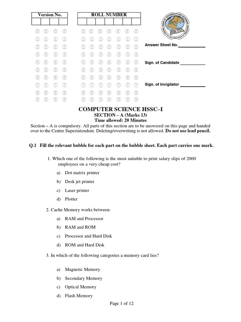 Final Model Paper Computer Science HSSC-I | PDF | Printer (Computing) | Databases