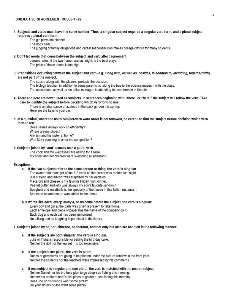 Subject Verb Agreement Rules 1 29 Complete | PDF