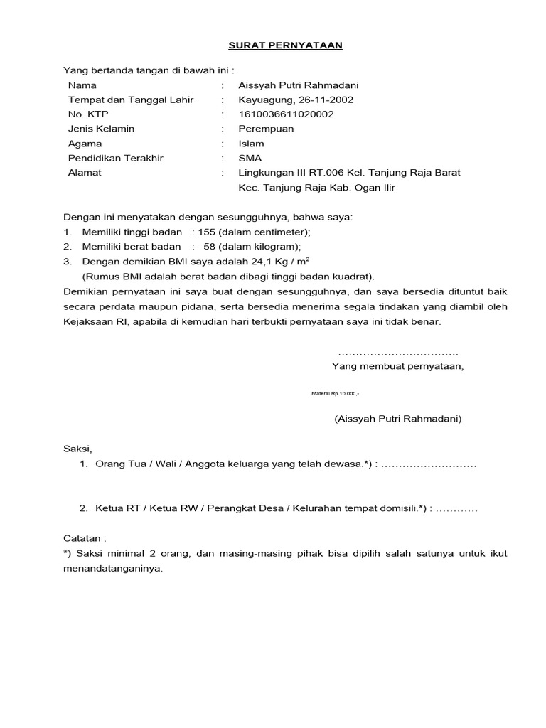 Surat Pernyataan TB - BB - Bmi | PDF