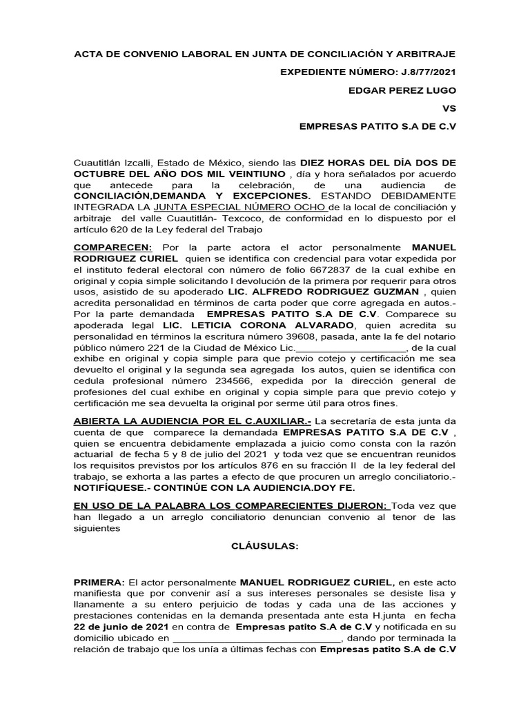 Acta de convenio laboral en JCYA. | PDF | Derecho laboral | Justicia