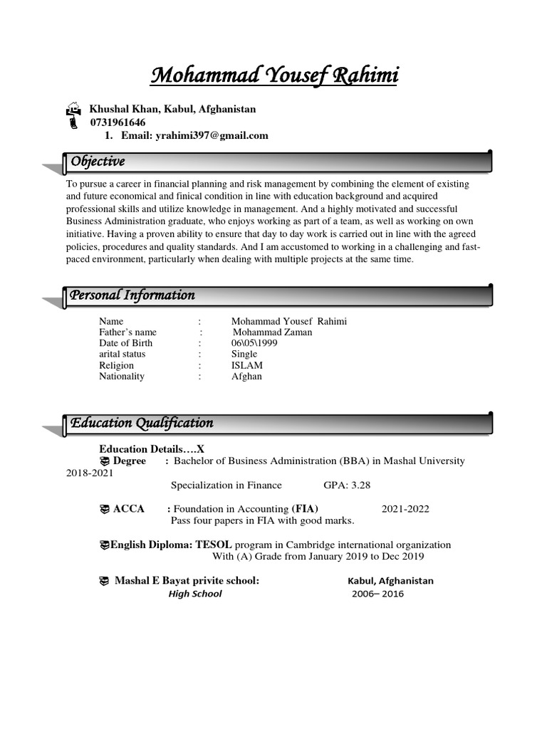 Mohammad Yousef Rahimi CV Word | PDF | Accounting | Banks