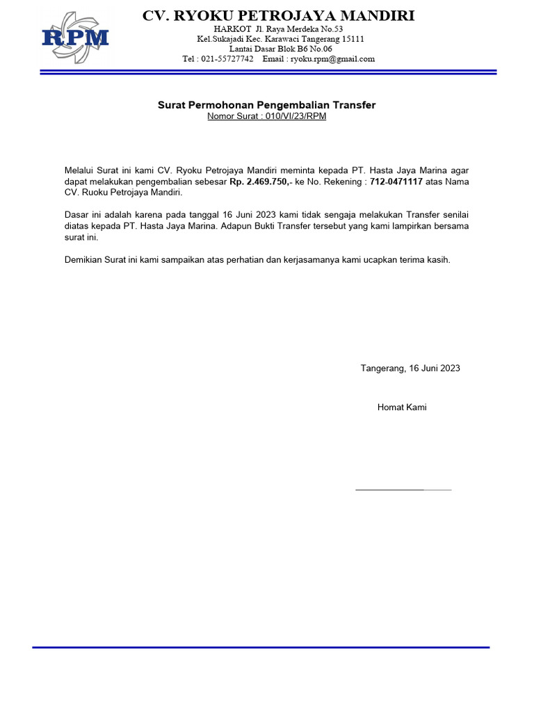 Surat Permohonan Pengembalian Transfer | PDF