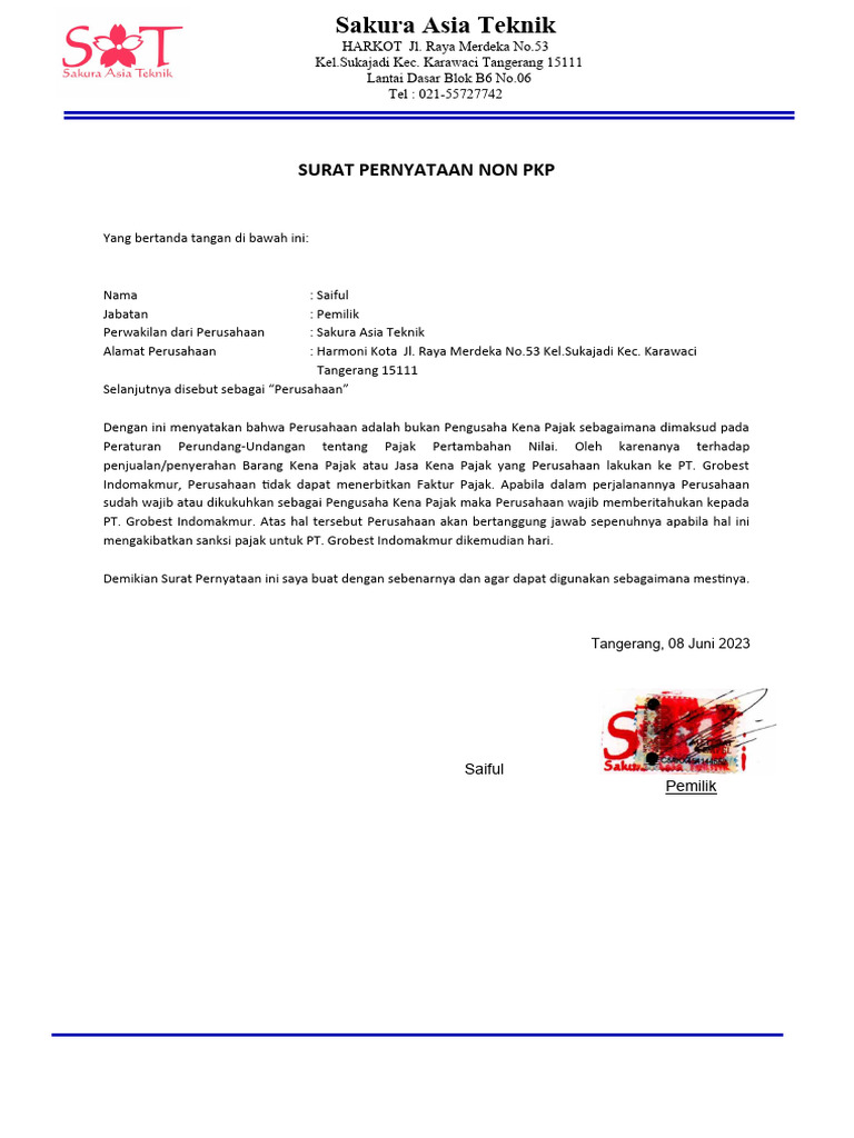 Surat Pernyataan Non PKP | PDF