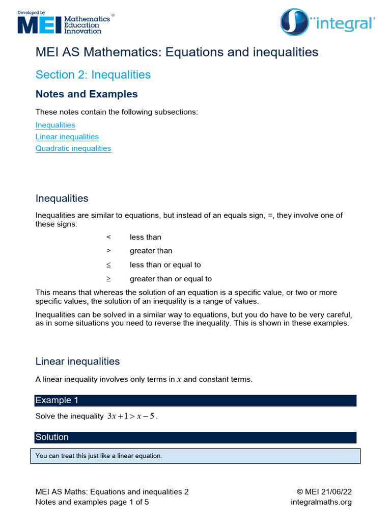 MEI AS Mathematics: Equations and Inequalities | PDF