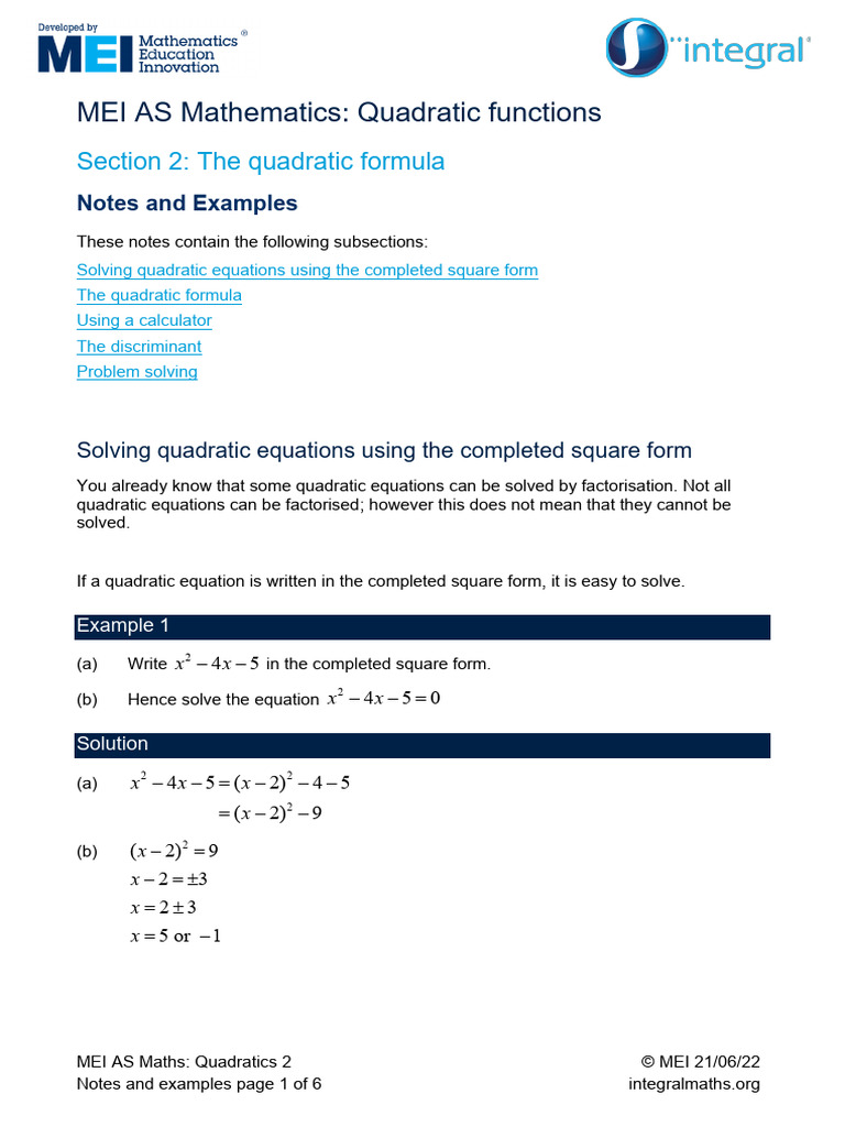 MEI AS Mathematics: Quadratic Functions: Section 2: The Quadratic Formula | PDF | Quadratic ...