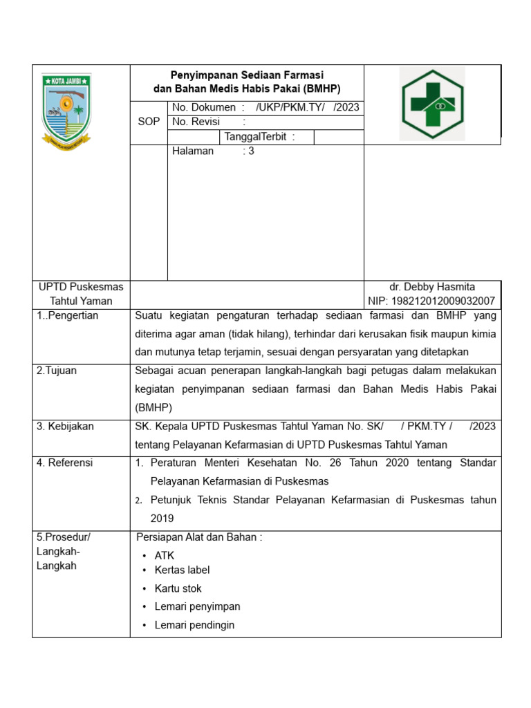 Sop Penyimpanan Sediaan Farmasi Dan Bmhp Pdf